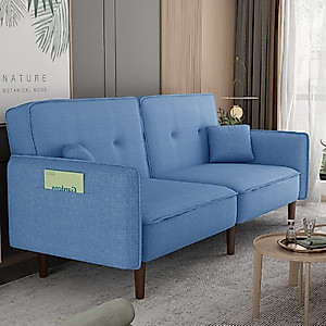 WILLIAMSPACE 75" Futon Sofa Bed, Convertible Sleeper Sofa with Magazine Bag, Small Splitback Sofa with Tapered Solid Wood Leg, Padded Seat and Back, Loveseat Couch for Living Room, Blue Fabric