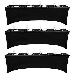 3 Pcs 8 Ft Stretch Spandex Tablecloth Rectangular Stretchable Patio Table Cover for Standard Folding Tables Fitted Cocktail Tablecloth Protector for Wedding, Banquet, Exhibitions, Party (Black)