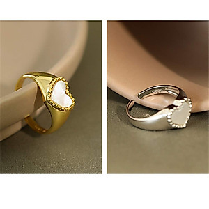 Vintage Heart S925 Sterling Silver Ring for Women Dainty Engagement Promise Love Expandable Open Finger Statement Stacking Rings Adjustable Fashion Valentine Mother's Day Shell Pearl Gold