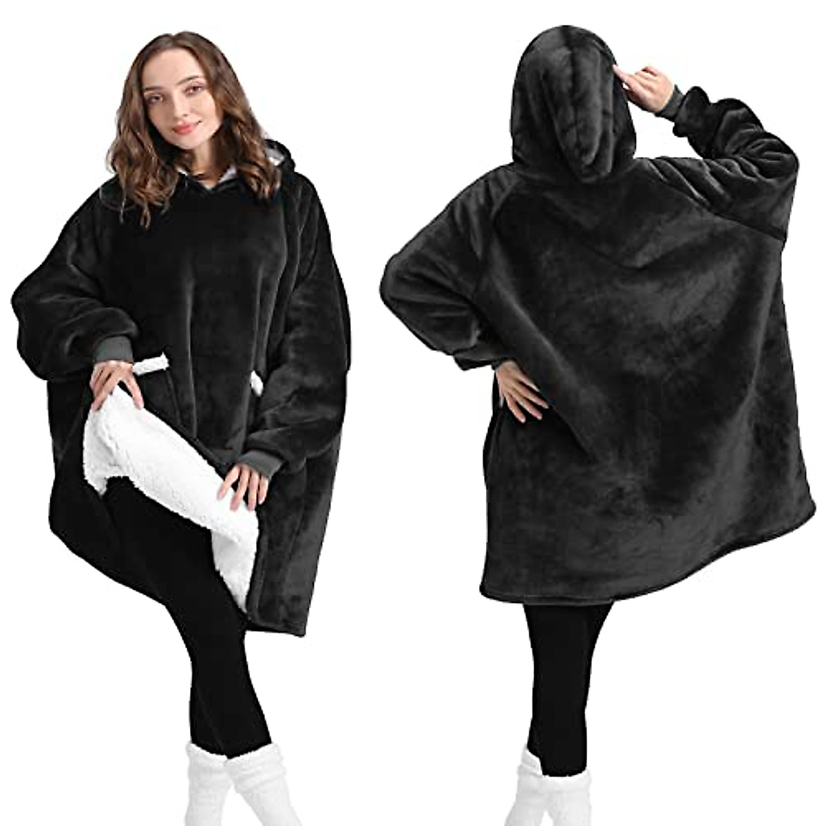 Wearable Blanket Hoodie,Super Soft Warm Plush Hooded Blanket for Adult Women Men, One Size Fits All. (Black)