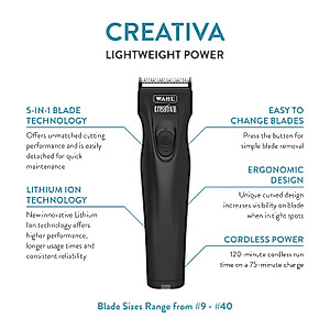 Wahl Professional Animal Creativa Cordless Dog, Cat, Pet, and Horse Clipper with 5-in-1 Adjustable Blade - Black