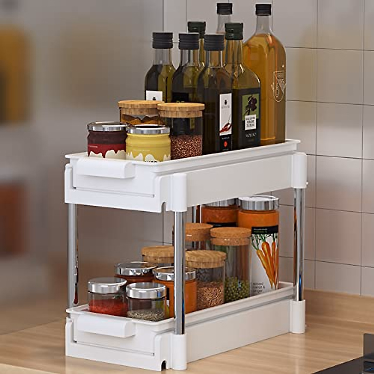 Zendar Under-Sink Organizers, Sliding Basket Organizer 2-Tier Under-Bath Storage Rack Bathroom Kitchen Multi-Purpose Storage Rack, White