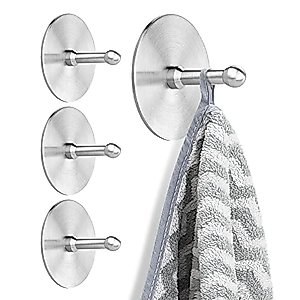 lucalda Adhesive Hooks, Stainless Steel Waterproof Heavy Duty Stick on Wall Hooks Door Hooks Towel Hooks, No Damage Self Adhesive Hooks for Wall Hanging Coat Clothes Kitchen Bathroom, Silver, 4 Pack