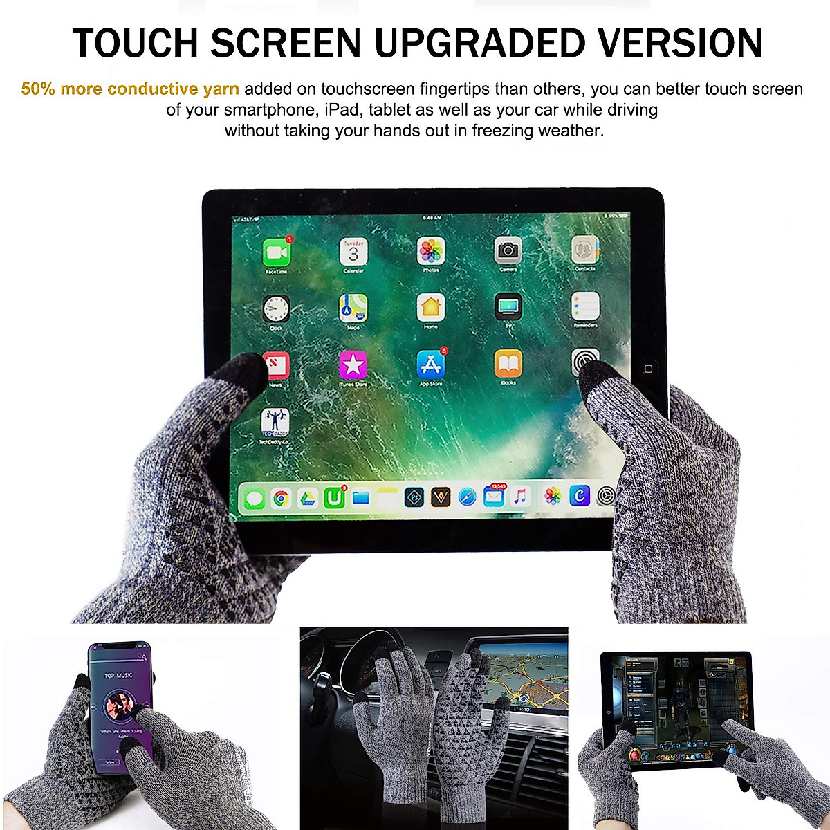 TRENDOUX Winter Gloves, Knit Warm Texting Touch Screen Gloves for Men Women - Anti-Slip - Elastic Cuff - Thermal Soft Lining - Hands Warm in Cold Weather - Light Gray - M