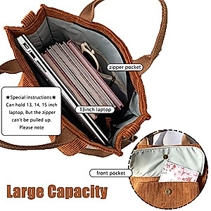 SUNAVY Women Corduroy Tote Bag, Girls Casual Shoulder Handbags Large Capacity with Zipper and Outer Pocket for School Library Travel (Brown)