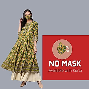 Yash Gallery Printed Yoke Design Cotton Anarkali Kurta for Women Indian Style Green