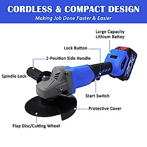 21V Brushless Cordless Angle Grinder Tool 10000 RPM, 4-1/2 Inch Hand Held Electric Grinder with 6.0Ah Battery & Charger, 1 30T Wood Saw Blade, 3 Grinding Cutting Wheels, 1 Flap Discs, 2 Sanding Paper