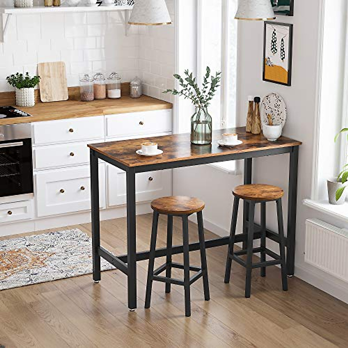 VASAGLE Bar Stools, Set of 2 Bar Chairs, Steel Frame, 25.6 Inch Tall, for Kitchen Dining, Easy Assembly, Industrial Design, Rustic Brown and Black ULBC32X