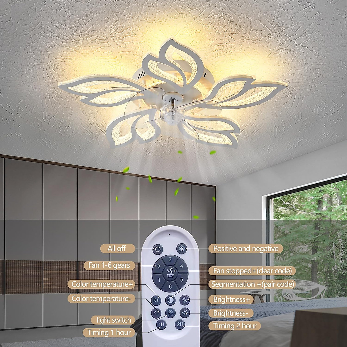 haodengshi 25" Modern Ceiling Fan with Lights and Remote Control, White Geometric Ceiling Fan with Lights, 3 Light Color 6 Speeds Flush Mount Low Profile Ceiling Fan for Bedroom Kitchen