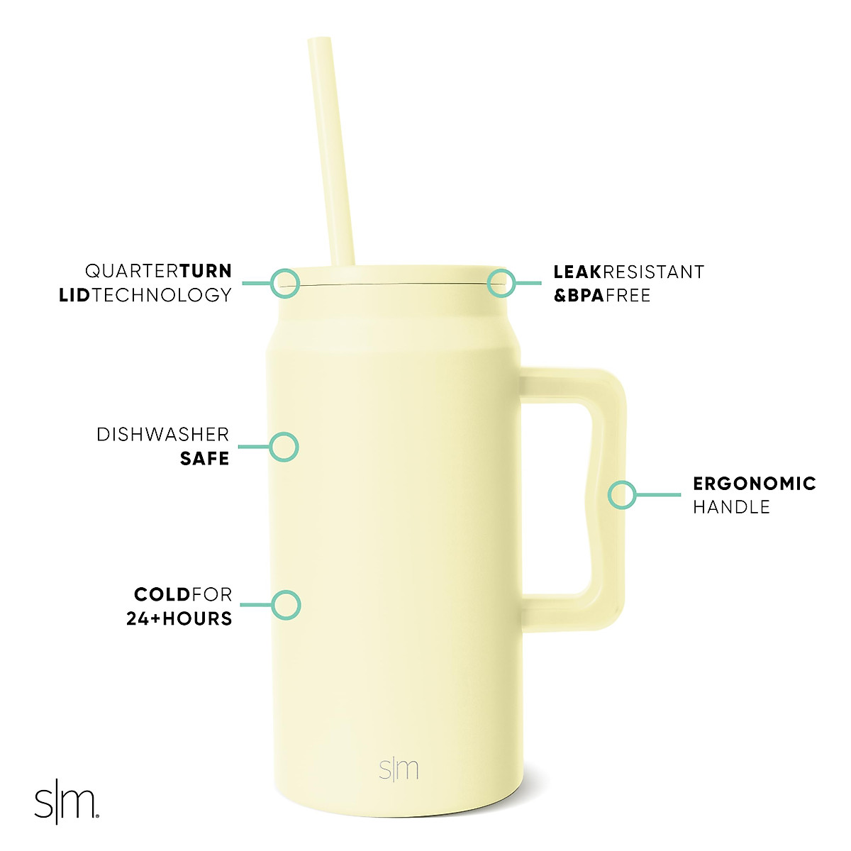 Simple Modern 50 oz Mug Tumbler with Handle and Straw Lid | Reusable Insulated Stainless Steel Large Travel Jug Water Bottle | Gifts for Women Men Him Her | Trek Collection | 50oz | Buttercup