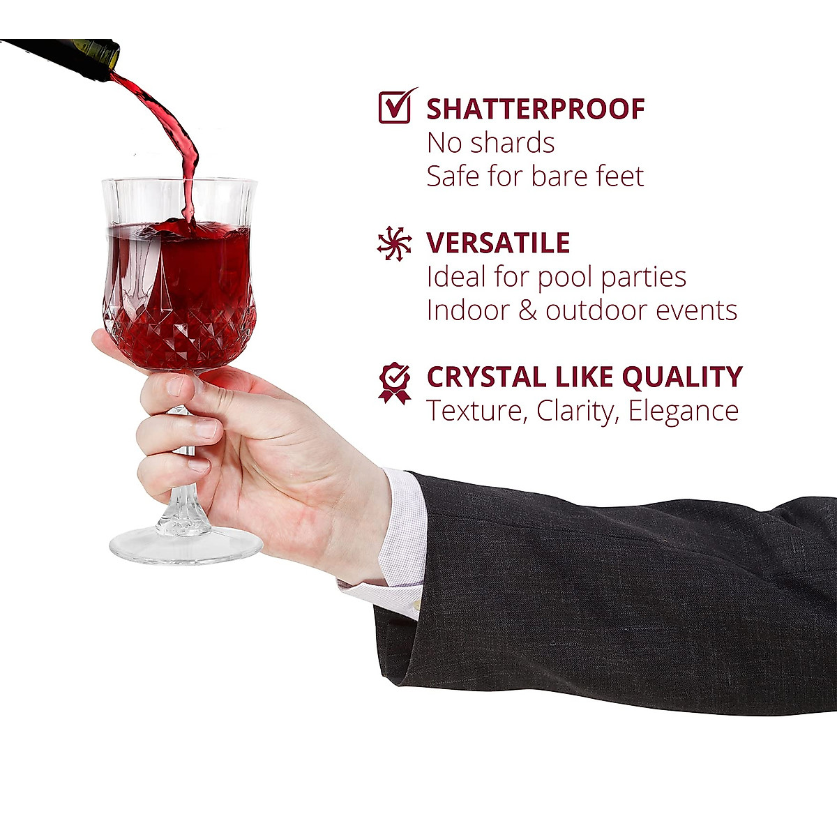 PARTY BARGAINS 4 Crystal-Like Wine Glasses (8oz) - Clear Shatterproof Elegant Hard Plastic Wine Glass with Stem, for Pool Parties, Outdoors, Receptions, Weddings