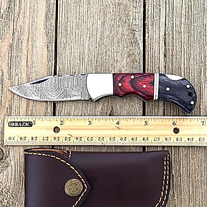 WINTERFELL Personalized Engraved Folding Pocket Knife for Men, Customized Christmas Gifts for Husband, Dad, Boyfriend, Damascus Steel Groomsman Gift Knives, 100% Handmade Knife with Leather Sheath