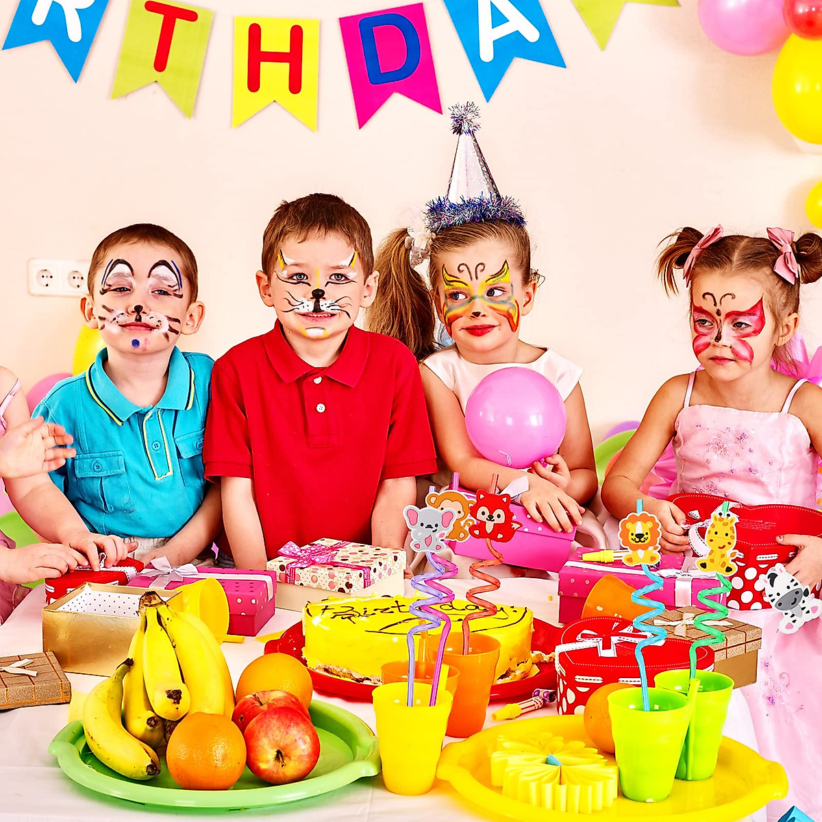 24 Pieces Jungle Animal Plastic Straws Reusable Drinking Straws Jungle Safari Straws Woodland Party Favor Kids Cute Straws with 2 Cleaning Brushes for Baby Shower Birthday Party Supplies, 8 Styles
