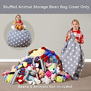 Aubliss Stuffed Animal Bean Bag Storage Chair, Beanbag Covers Only for Organizing Plush Toys, Turns into Bean Bag Seat for Kids When Filled, Medium 32"-Canvas Stars Grey