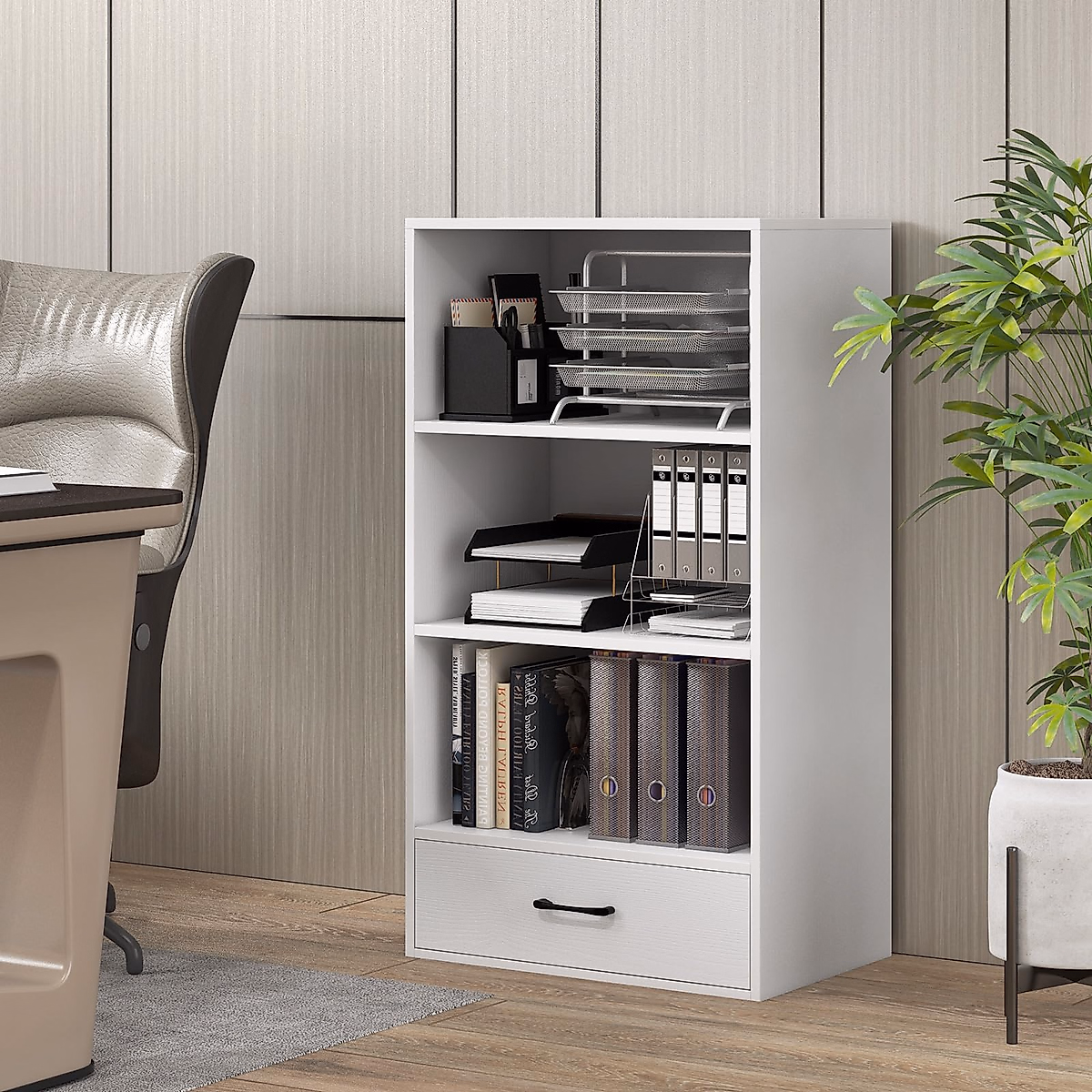 IFANNY 3 Shelf Bookcase with Drawer, Wood Bookshelves and Bookcases, Cube Bookcase Shelf, Small Bookshelf with Storage for Small Spaces, White Book Shelf for Bedroom, Living Room, Home Office