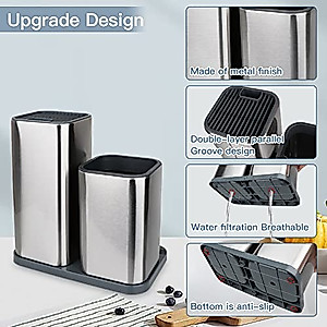 Stainless Steel Universal Knife Holder Block, Yimerlen Knife Holder Storage Multi-functional, Kitchen Knife Storage Utensils Organizer for Countertop (with Cleaning Brush)