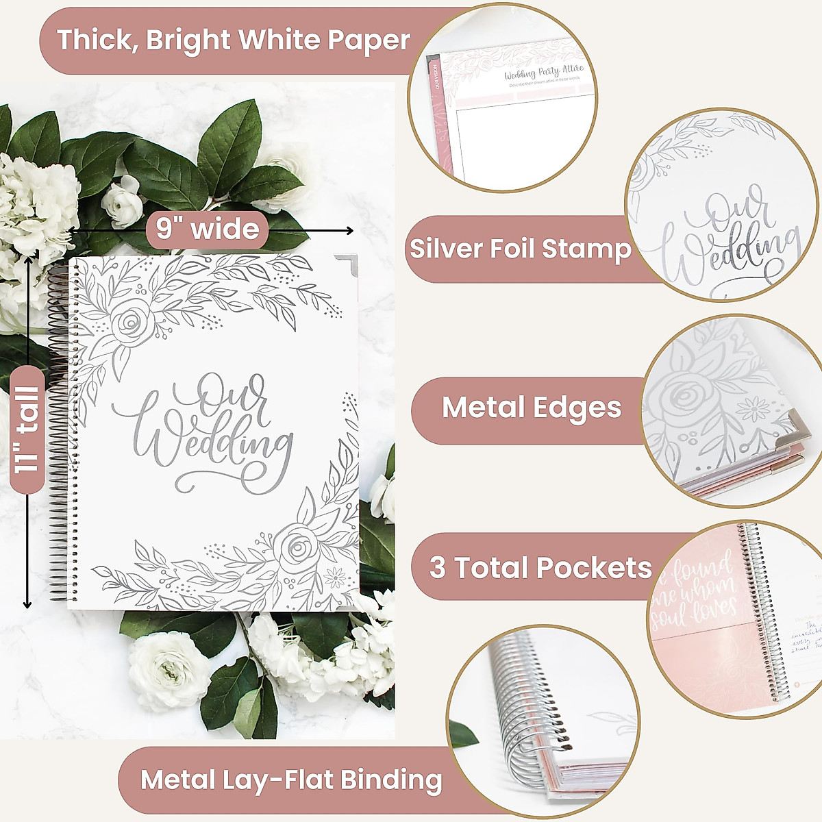 bloom daily planners Wedding Planner & Organizer/Hardcover Keepsake Journal with Essential Planning Tools - Checklists, Vision Boards, Tips & More - 9"x11" - Silver Floral (Undated)