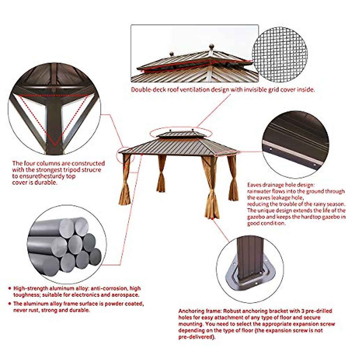 MELLCOM 10' X 13' Hardtop Gazebo, Galvanized Steel Vertical Stripe Double Roof Outdoor Gazebo, Aluminum Frame Metal Gazebo with Netting and Curtains for Patios, Gardens, Lawns