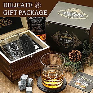 40th Birthday Gifts for Men Whiskey Glass Set - 40th Birthday Decorations, Party Supplies - 40 Year Anniversary, Bday Gifts Ideas for Him, Dad, Husband, Friends - Wood Box & Whiskey Stones & Coaster