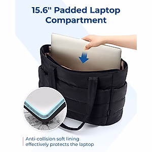 BAGSMART Tote Bag for Women, Lightweight Puffy Tote Bag with Compartments Shoulder Bag Handbag Quilted Shoulder Bag Handbag for Travel, Work, Beach, Gym, Shop (Black)