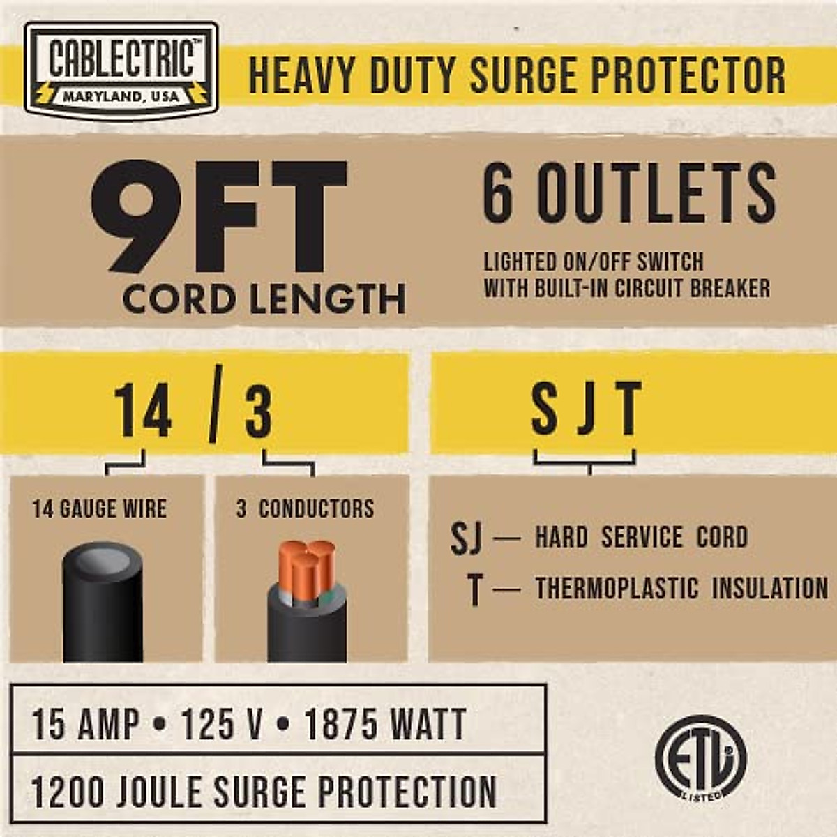 Cablectric Heavy Duty Power Strip Surge Protector for Appliances with 9 Ft Long Extension Cord 14 AWG, 6 Outlets Workshop Power Strip with 1200 Joules Surge, Wide Spaced Metal Power Strip 15 Amp