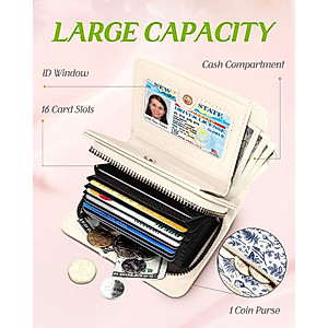 Bistup Credit Card Holder Wallet for Women - Cute Leather Ladies Teen Girls Female Cardholder Wallets Accordion Purse Small Medium Aesthetic Print Blue Floral Unique Modern Rfid Zipper Around