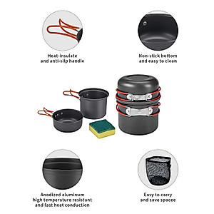 Bulin Camping Cookware Mess Kit, Nonstick Backpacking Cooking Set, Outdoor Cook Gear for Family Hiking, Picnic, Black, 3PC