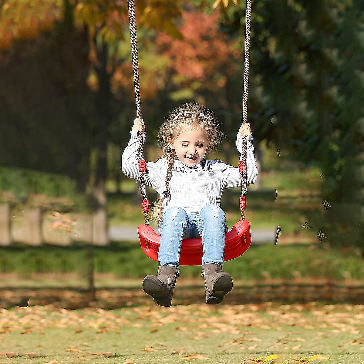 Plastic Swing Seat,Kids Swing Seat with 6.6ft Adjustable Rope and 2 Carabiners,Red Swings Pro with Non Slip Tape for Backyard Playground Indoor Outdoor