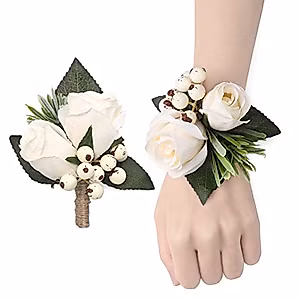 FAYBOX Wrist Corsage Wristlet and Men Boutonniere Set Bridesmaid Wedding Party Prom Hand Flower Decor(2Pcs Ivory Set)