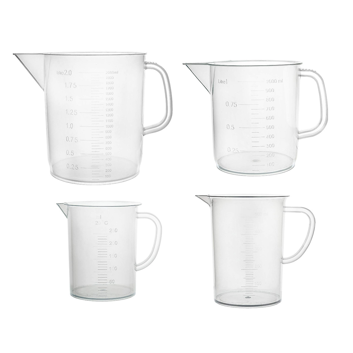 EISCO 4pcs Plastic Pitcher Set, 250mL, 500mL, 1000mL, 2000mL - Short Form, Euro Design - Molded Graduations - Chemical Resistant & Autoclavable Polypropylene - Measuring Jug