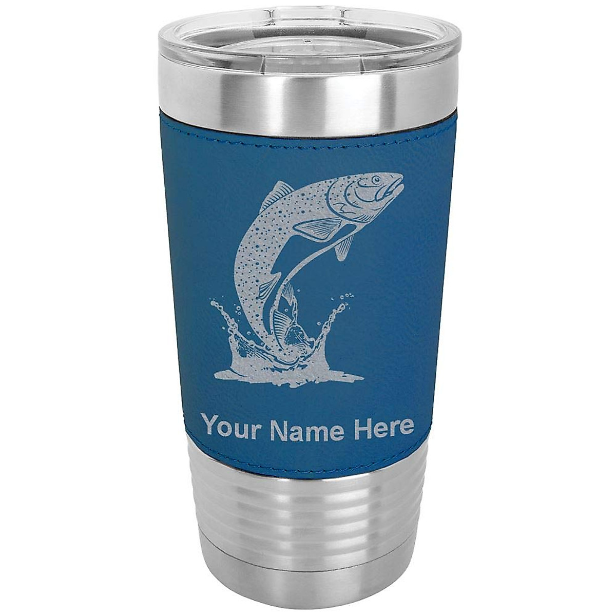LaserGram 20oz Vacuum Insulated Tumbler Mug, Trout Fish, Personalized Engraving Included (Faux Leather, Blue)