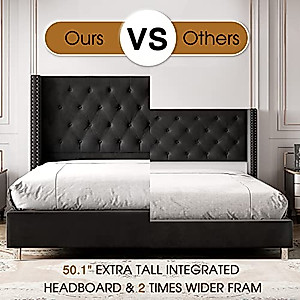 PaPaJet King Bed Frame Upholstered Bed Velvet Low Profile Platform Bed with Raised Wingback Headboard/No Box Spring Needed/Easy Assembly/Black