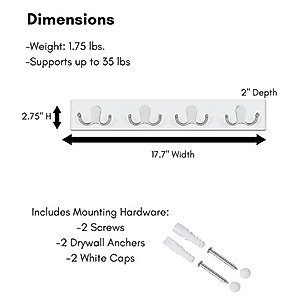 BirdRock Home Dual Hook Coat and Hat Rack - 4 Dual Hooks - 17 Inches - Wall Mount - Decorative Home Storage - Entryway Foyer Hallway Bathroom Bedroom Rail - Satin Nickel Hooks - White Pine Bathroom Ra
