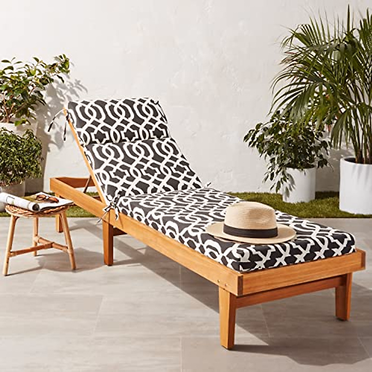Pillow Perfect Trellis Indoor/Outdoor Split Back Chaise Lounge Cushion with Ties, Plush Fiber Fill, Weather, and Fade Resistant, 72.5" x 21", Black/White New Geo, 1 Count