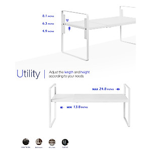 Nxconsu Cabinet Shelf Expandable Height Adjustable Organizer Riser for Kitchen Cabinet Pantry Cupboard Under Sink Countertop Organization Storage Space Saver Stackable Heavy Duty Metal White