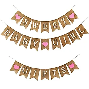 Shimmer Anna Shine Sweet Baby Girl and Gifts Burlap Banner for Baby Shower Decorations and Gender Reveal Party (Pink Hearts)