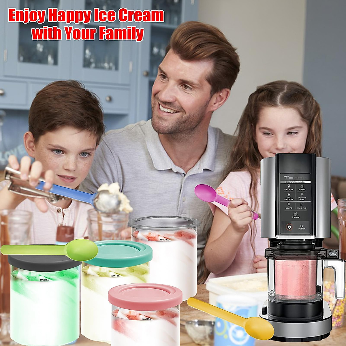 lelinker for Ninja Creami Ice Cream Maker Pints, Compatible with Ninja Creami Pints and Lids 4 Pack, [with 4 Pack Ice Cream Scoop] Compatible with nNC301,NC300,NC299AMZ Series Ice Cream Maker