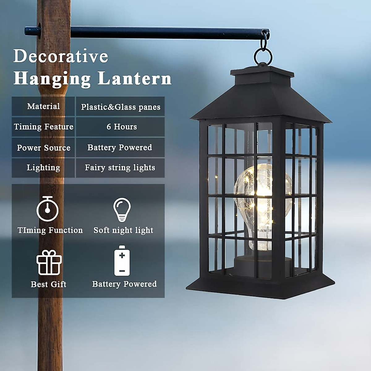 JHY DESIGN Waterproof Decorative Hanging Lantern 12''High Plastic Lantern Holder Battery Powered with LED Bulb and 6H Timer Lights for Balcony Garden Hallway Entryway Indoor Outdoor（Square Stripe）