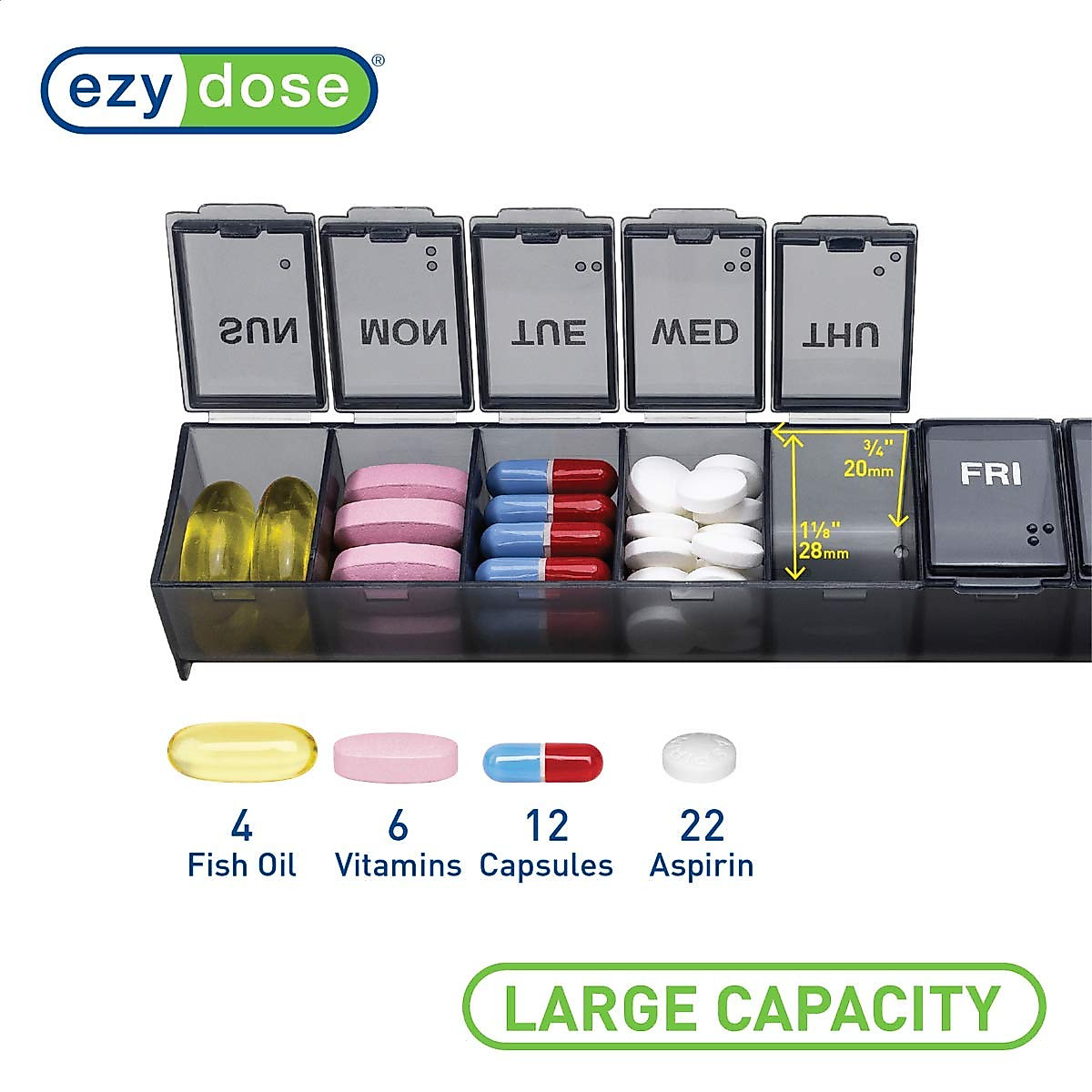 EZY DOSE Weekly (7-Day) Pill Case, Medicine Planner, Vitamin Organizer Box, Convenient and Easy to Use, Large Compartments, Travel Friendly, Black, Made in the USA, BPA Free