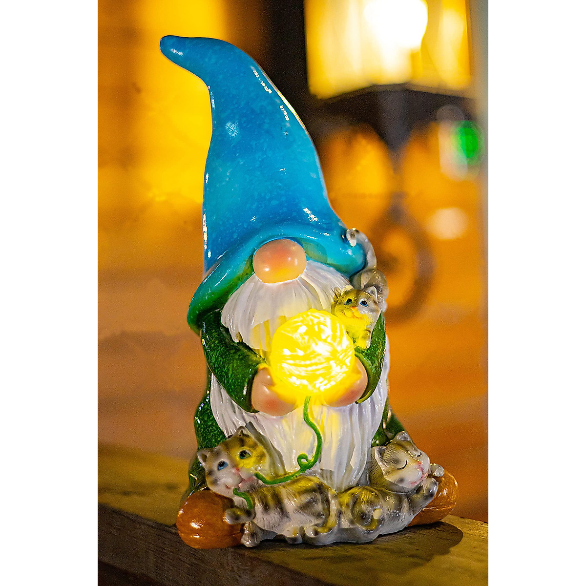 FLJZCZM Garden Statues Gnomes Decor, 10'' Gnome Cat Figurine Holding Ball with Solar LED Lights for Outdoor Indoor Patio Yard Lawn Ornament Christmas Halloween Decorations, Blue Hat