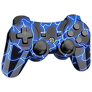 Blue Wireless Remote Works for PS3 Controller, OUBNAG Gamepad for PS3 Controllers Compatible with Playstation 3 Controller, Cool Lightning Pa3 Controller Gift for Kids Boy Girl Man Lightning Blue