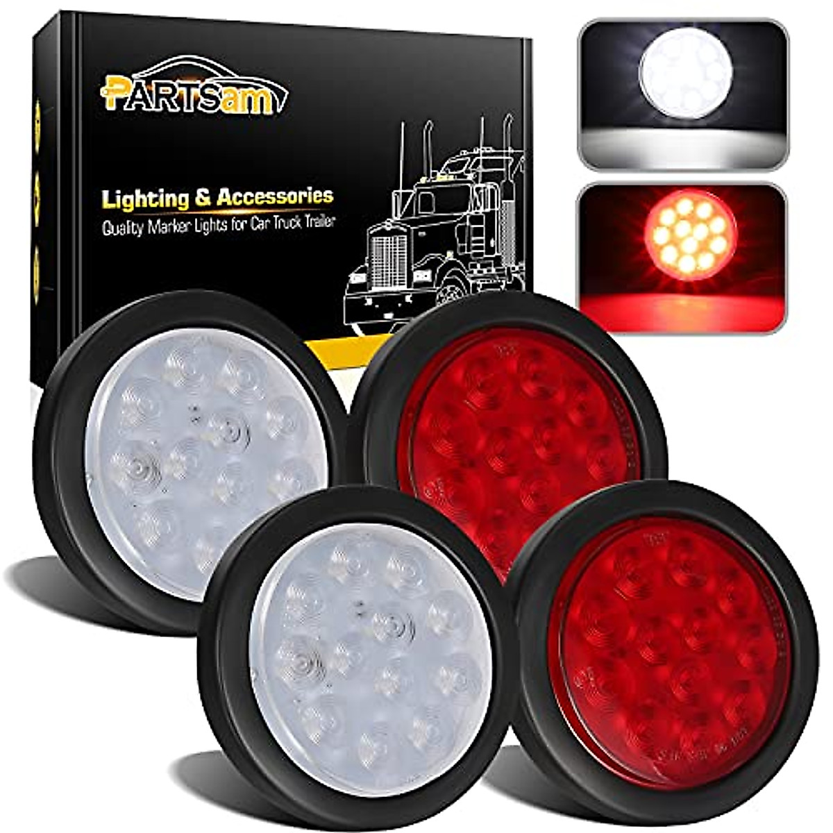 Partsam 4Pcs 4" Inch Round Led Stop Turn Tail Back-up Reverse Fog Lights 12 LED Include Lights Grommet 3-Prong Wire Pigtails Round LED Trailer Tail Light Kit for Truck Trailer RV(2 Red + 2 White)