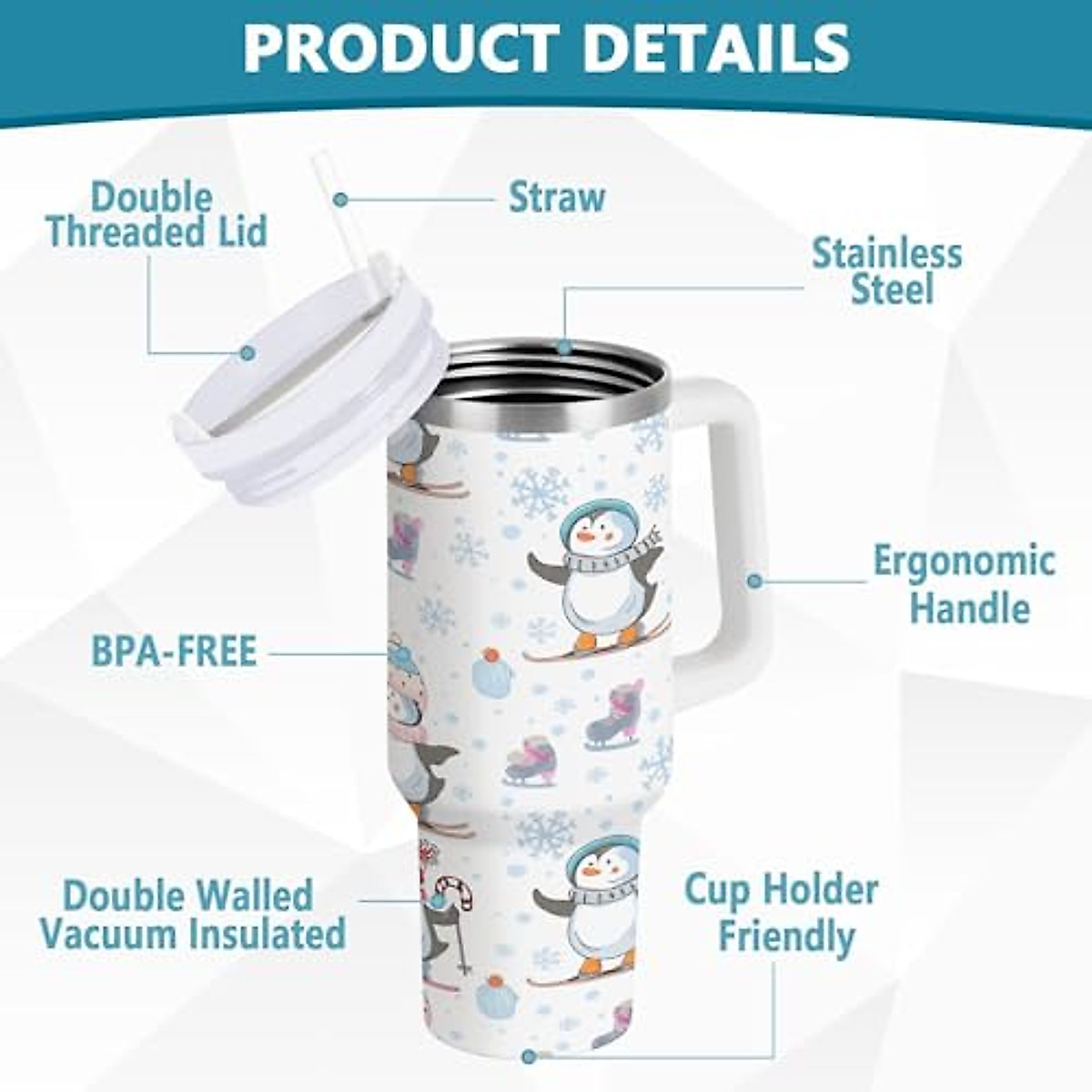 RPLIFE Cute Penguins White Travel Coffee Tumbler, Stainless Steel Cup, Water Cup with Straw and Lid