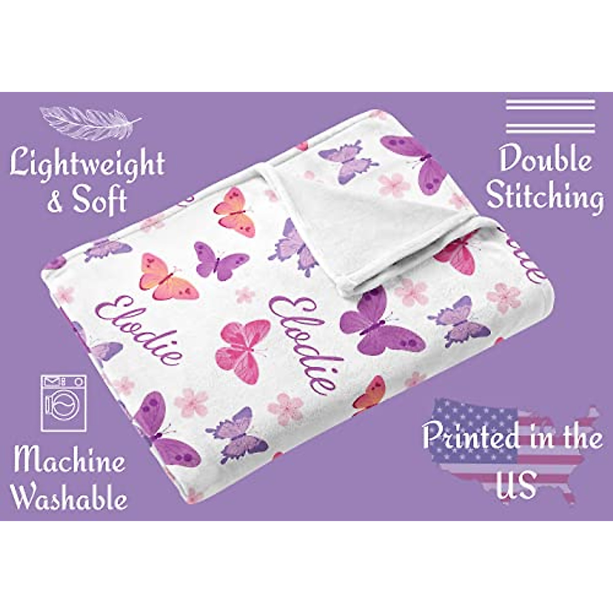 Personalized Baby Blankets for Girls with Name and Purple Butterflies - Customized Blankets for Baby Shower, Birthday, Christmas - Personalized Baby Gifts for Newborn, Infant, Toddler, Kid