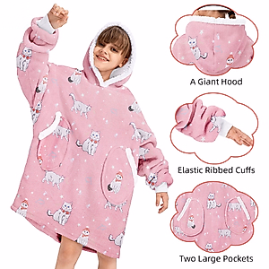 Zando Pink Blanket Hoodie Cat Blanket Kids Oversized Wearable Blanket Hoodies Cozy Warm Hooded Blanket for Boys Girls Sherpa Blanket Hoodie with Pocket Thick Fleece Sweater Blanket Gift for Teens