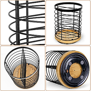 Toosci Utensil Holder for Kitchen Counter, Cooking Utensils Holder, Black Metal+Wooden Base Utensil Holder, Breathable and Easy to Dry+Rotatable+Drainage Holes, Kitchen Countertop Utensil Organizer