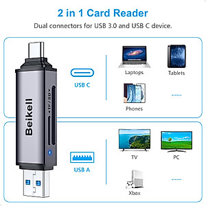 Beikell SD Card Reader,Dual Connector USB C USB 3.0 Memory Card Reader Adapter - Supports SD/Micro SD/MMC/SDXC/SDHC/Micro SDHC Compatible with MacBook Pro, MacBook Air, Galaxy S21, S22
