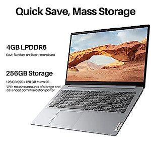 Lenovo IdeaPad 1 Laptop, 15.6" HD Screen, AMD Athlon Silver 7120U Processor, 4GB RAM, 256GB Storage(128GB SSD+128GB MSD), AMD Radeon Graphics, Wi-Fi, Bluetooth, Windows 11 Home in S Mode