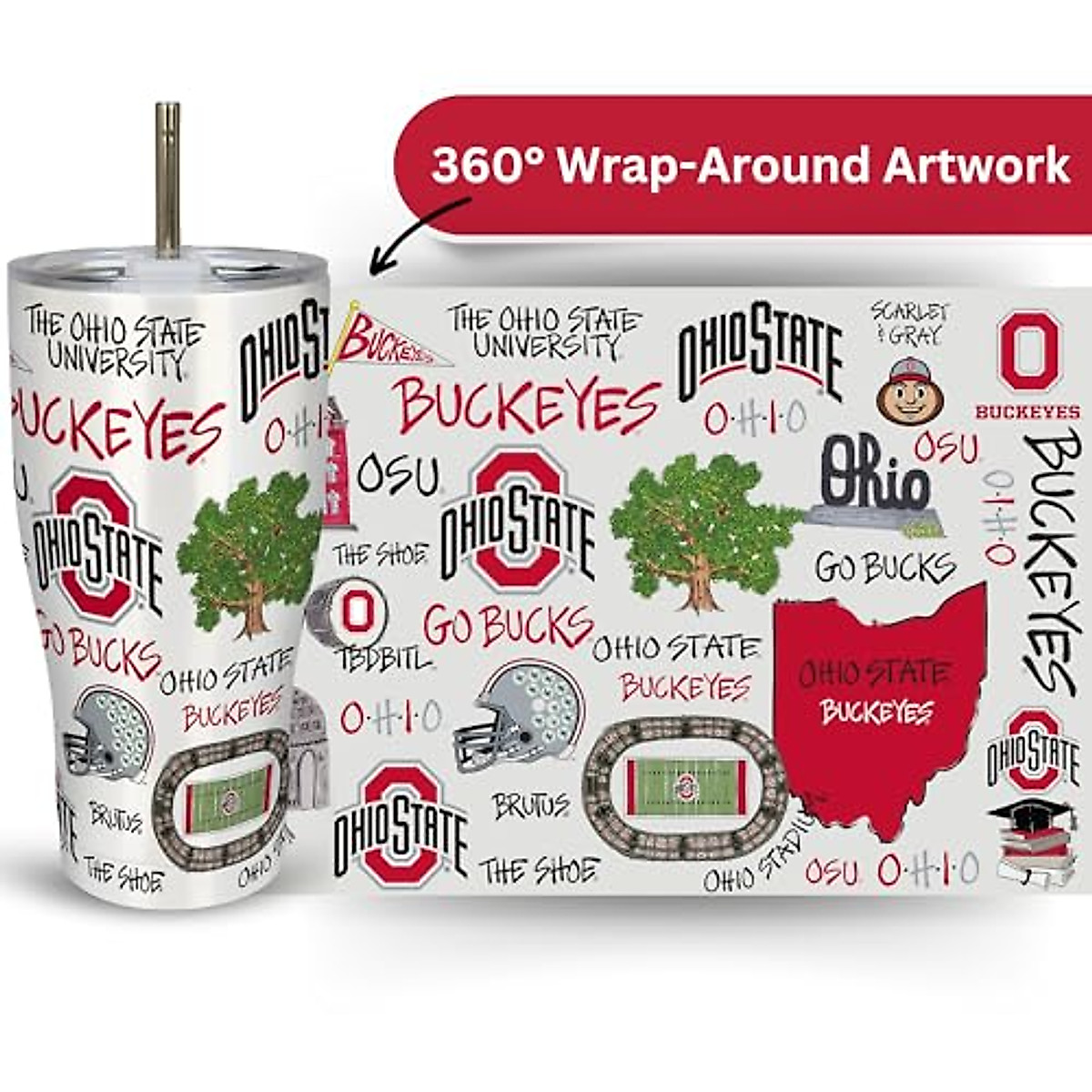 Ohio State University 30oz Stainless Steel 3D Icon Travel Mug – High Performance Double-Walled Thermos w/Convertible Lid & Straw – Insulated Decorative NCAA Beverage Tumbler – For Hot or Cold Drinks