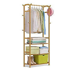 MoNiBloom Freestanding Garment Rack with Shelves and Hooks, Bamboo Tall 3 Tiers Clothes Racks Clothing Storage Shelving Unit for Bedroom Laundry Room Guest Room, Natural